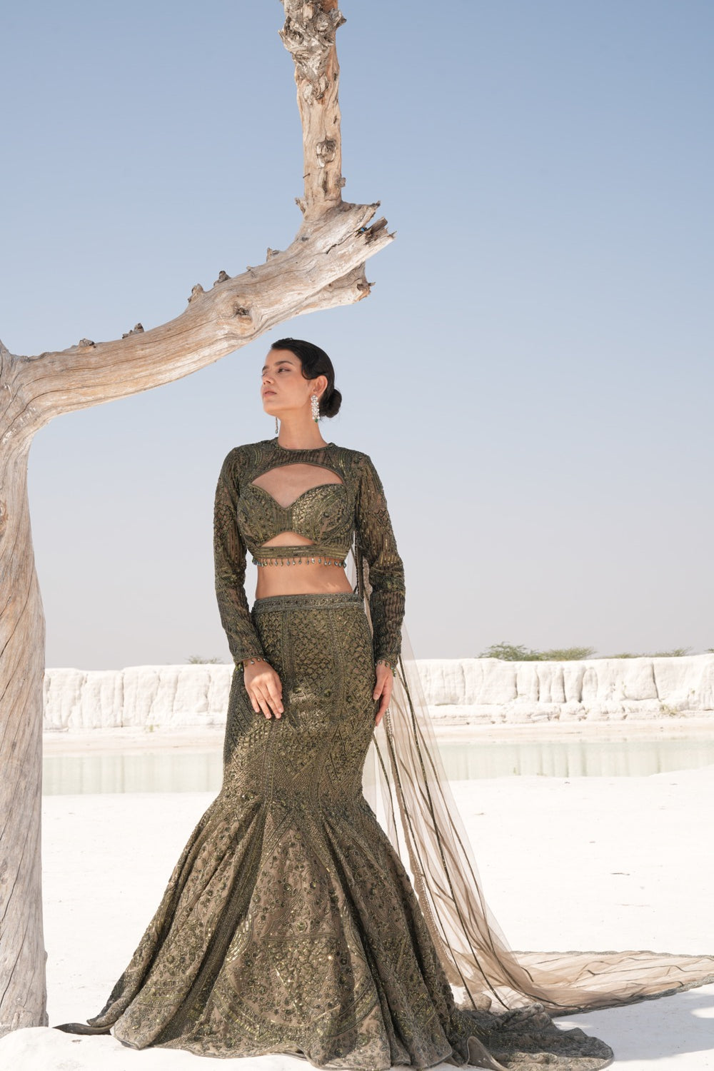GREEN EMBELLISHED FISH CUT LEHENGA SET – House of Sikka online